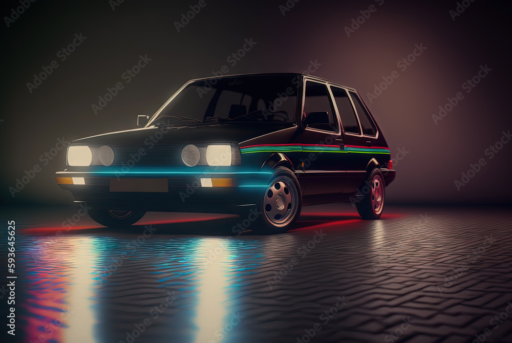 80s styled abstract retro car. Vintage automotive design in neon lights ...