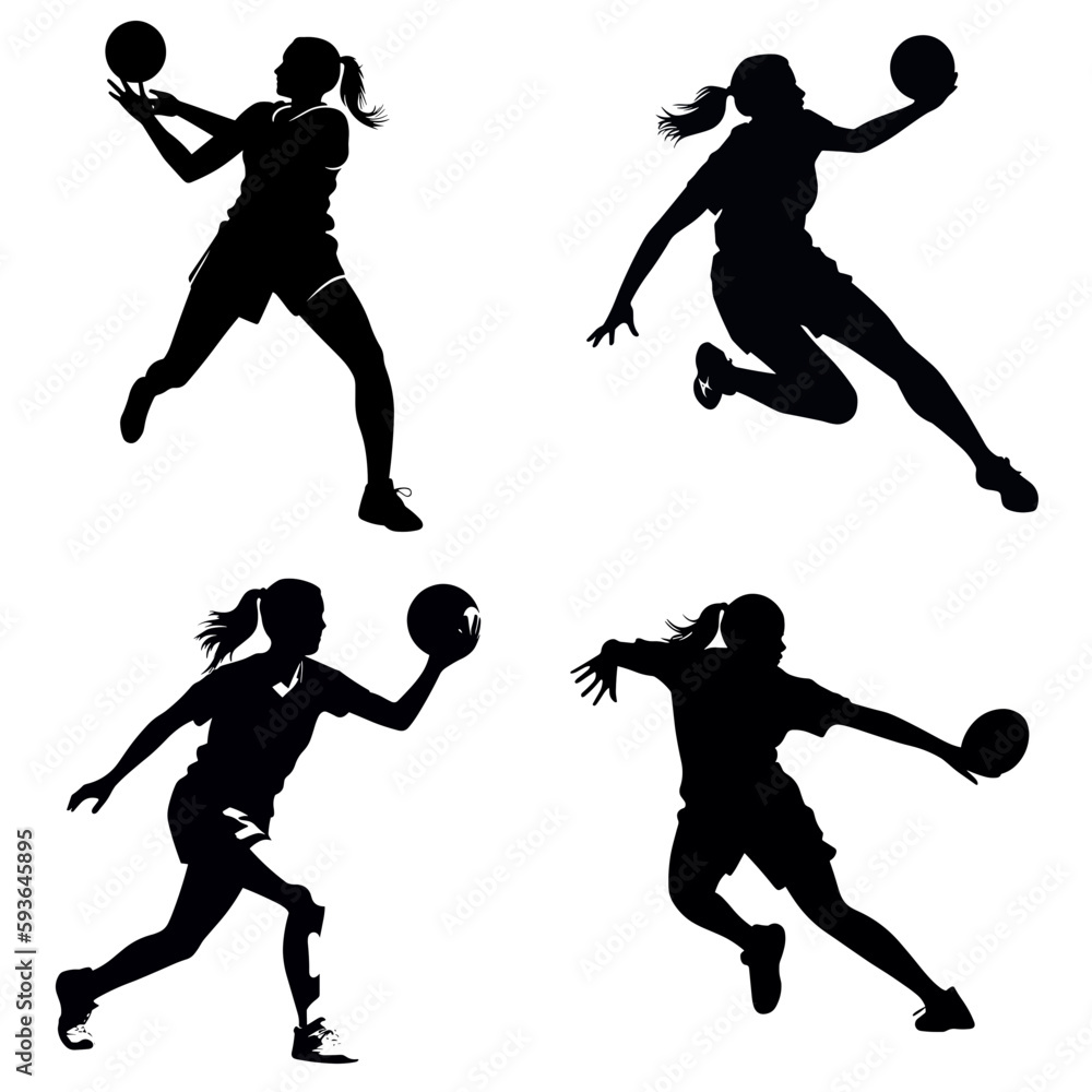 Set of silhouette of women handball player. Side profile. Vector ...