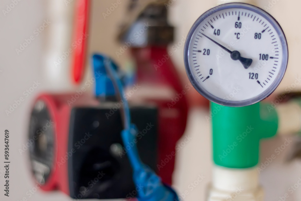 Detail of pressure gauge and temperature. Pump with a thermometer for a ...