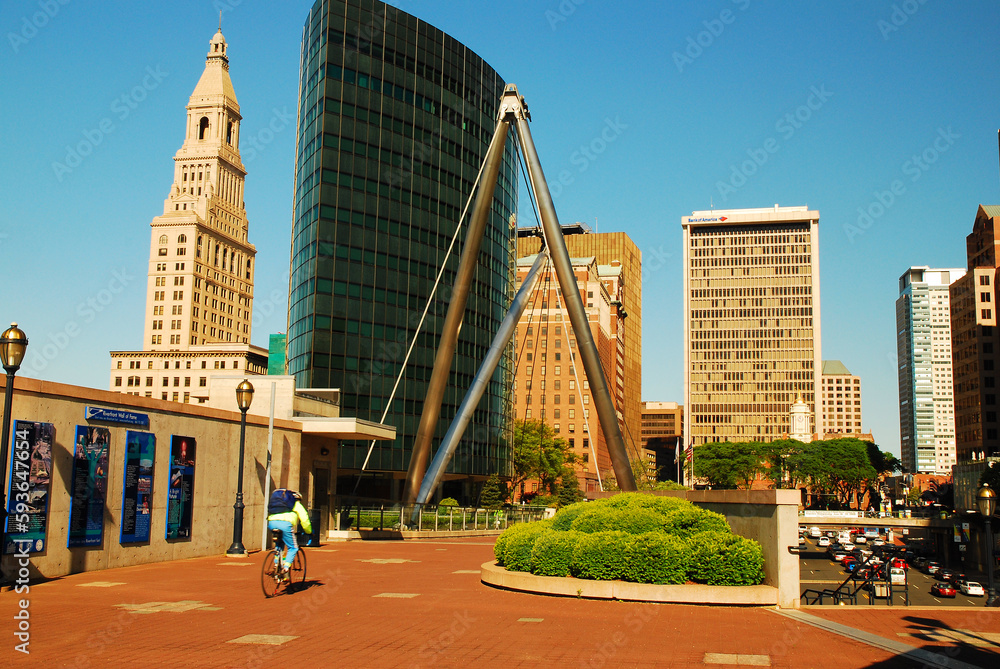 The Founders Bridge is a pedestrian crossing that gives view to the city skyline of Hartford ...