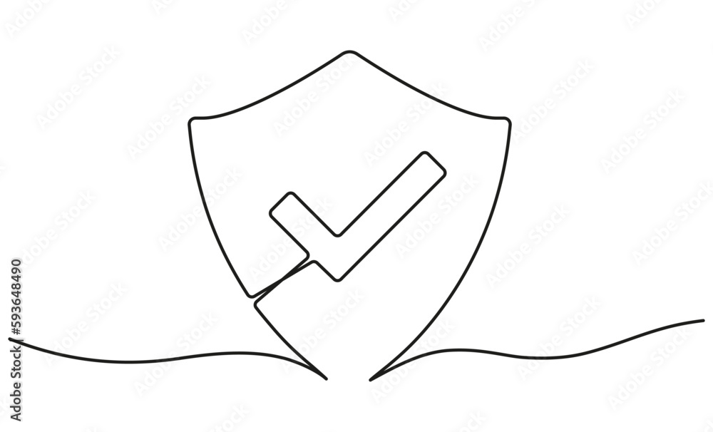 Shield with checkmark continuous line art drawn. Protect linear symbol ...