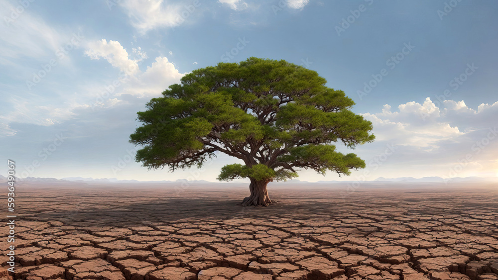 Big Tree Growth on Cracked Dry Soil Global Warming, Digital Art | AI ...