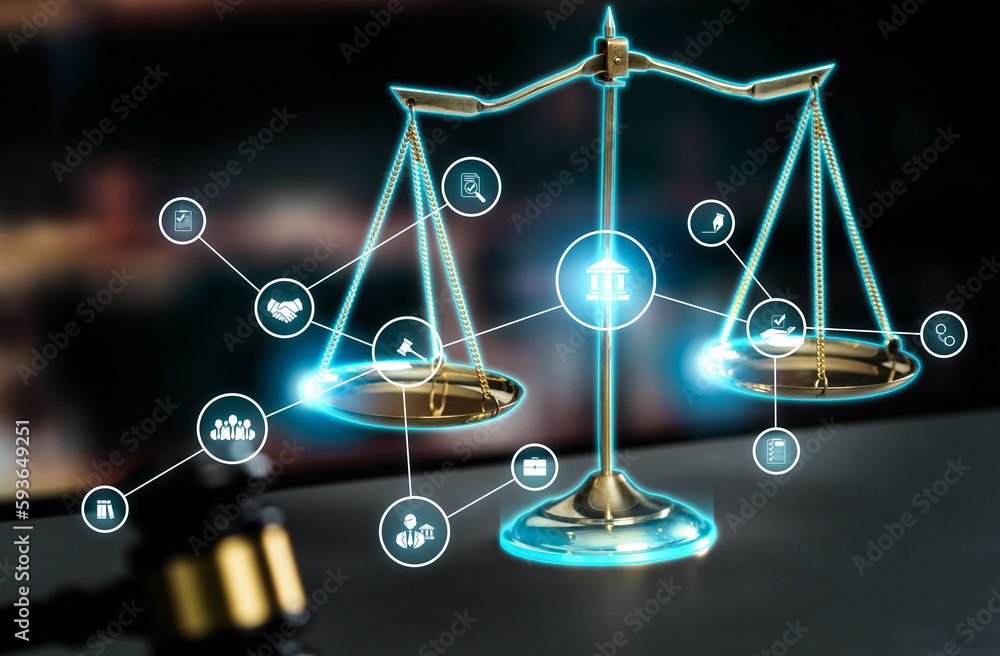 Smart law, legal advice icons and lawyer working tools in the lawyers ...