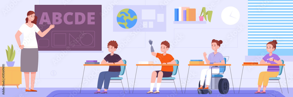 Disabled children school. Teacher learning to preschoolers or pupil ...