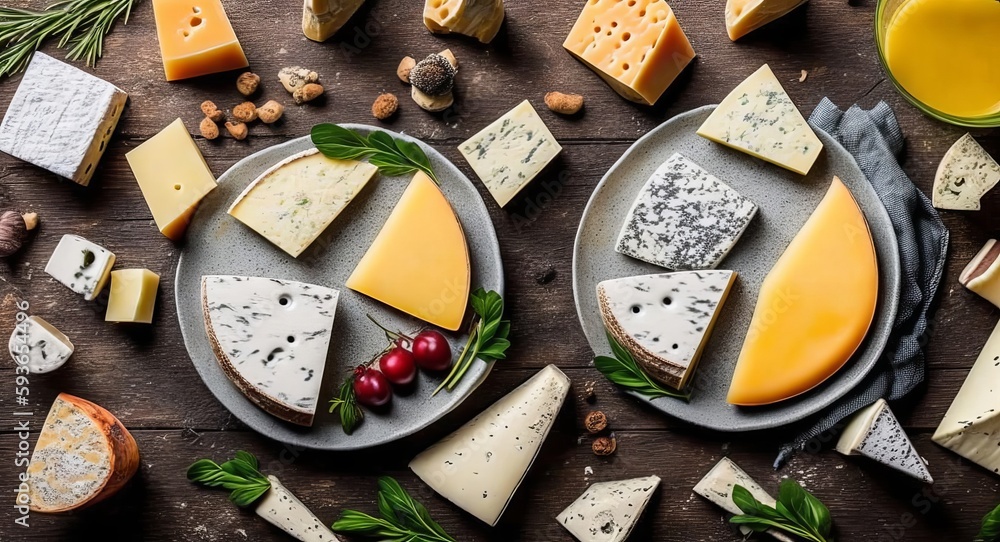 beautiful cuts of different types of cheese on a beautiful plate. AI ...