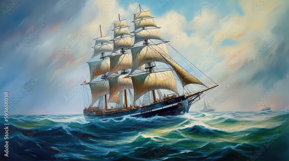 Large ship sailing the ocean, oil painting art . Generative AI Stock ...