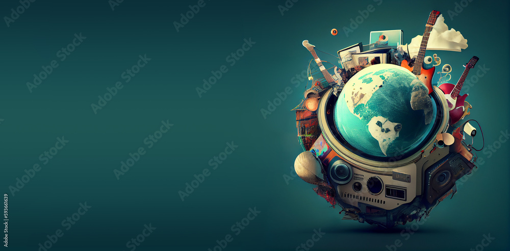 Planet earth with music instruments and radio, world music day ...