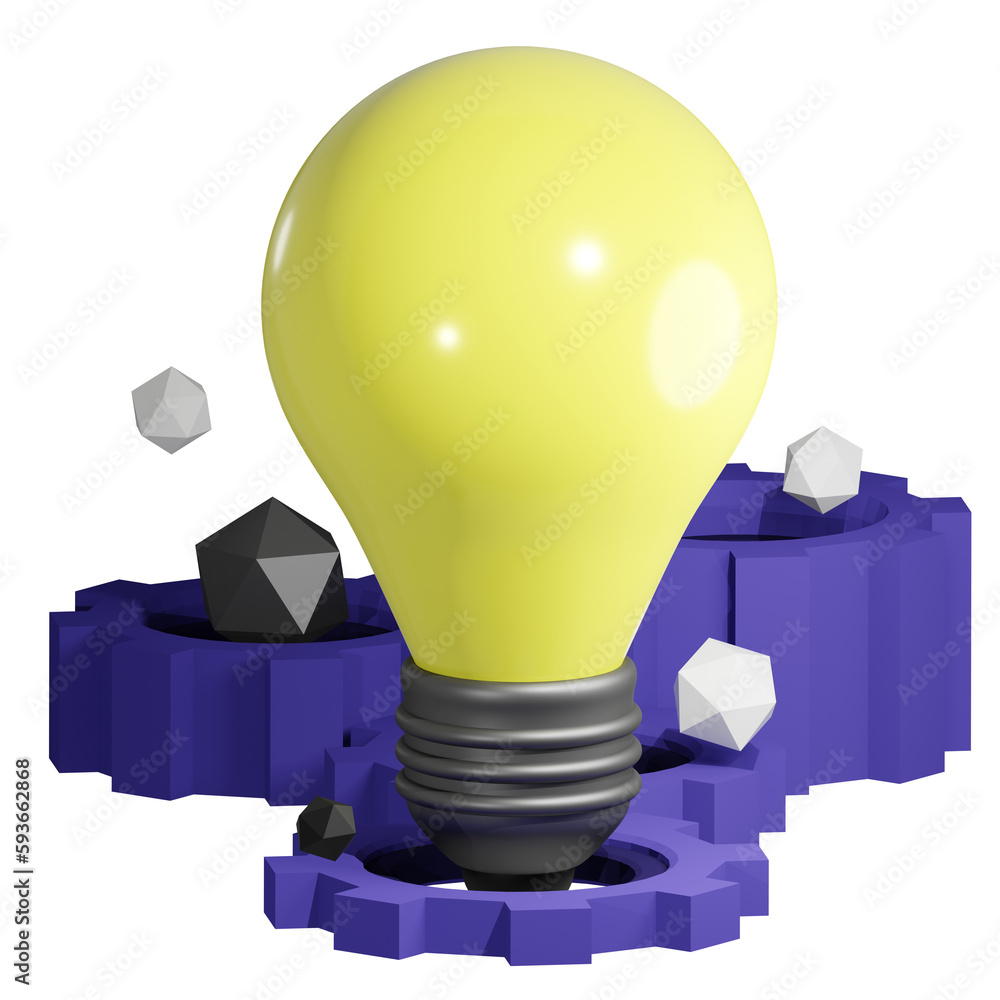 3D rendering of Light bulb pear shaped with gear mechanism. Symbol of ...