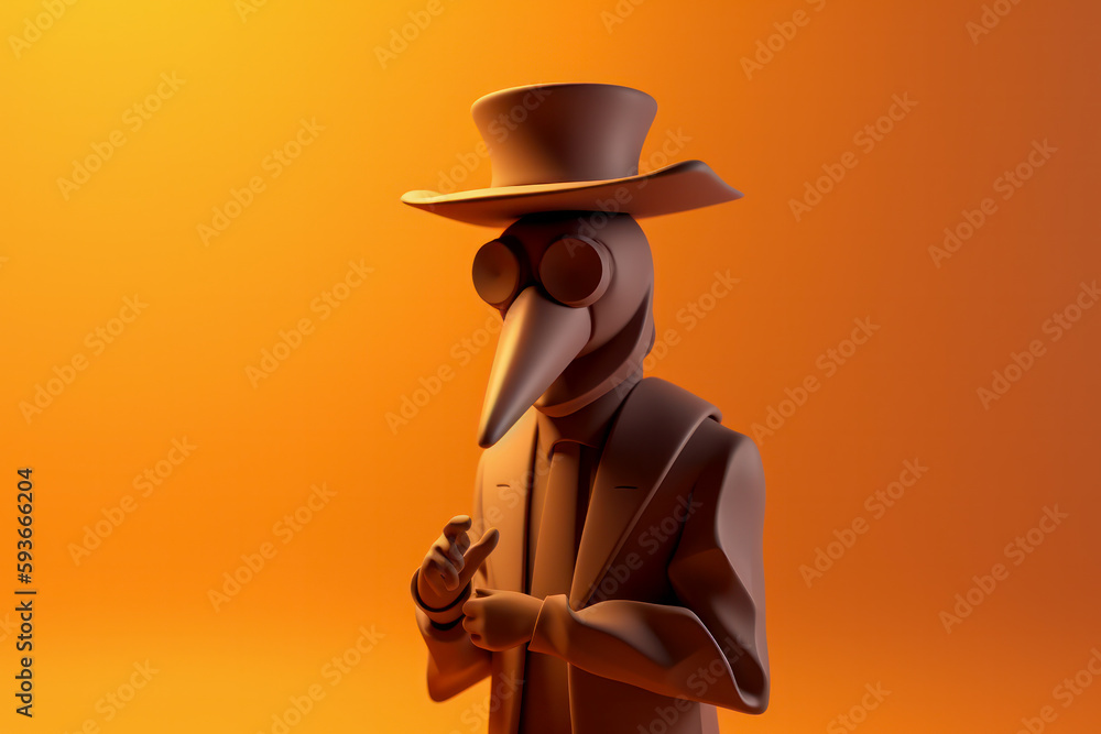 Plague doctor figure in traditional costume on a solid color background ...