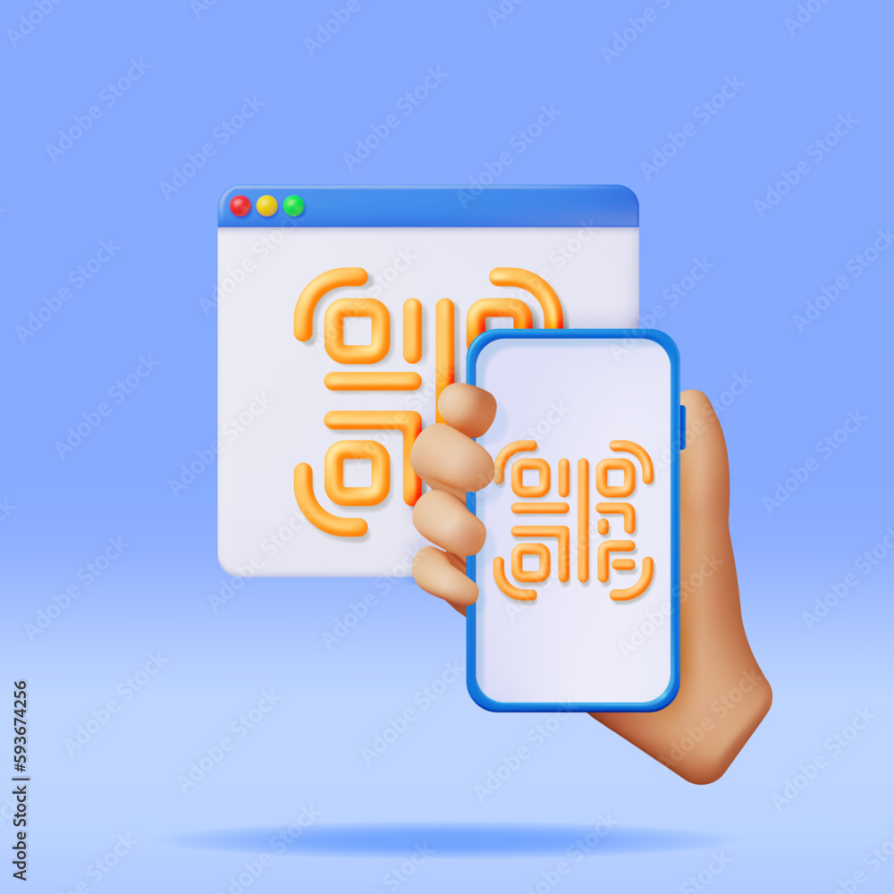 3d QR Code Icon on Smartphone in Hand. Render Modern QR Code Symbol ...