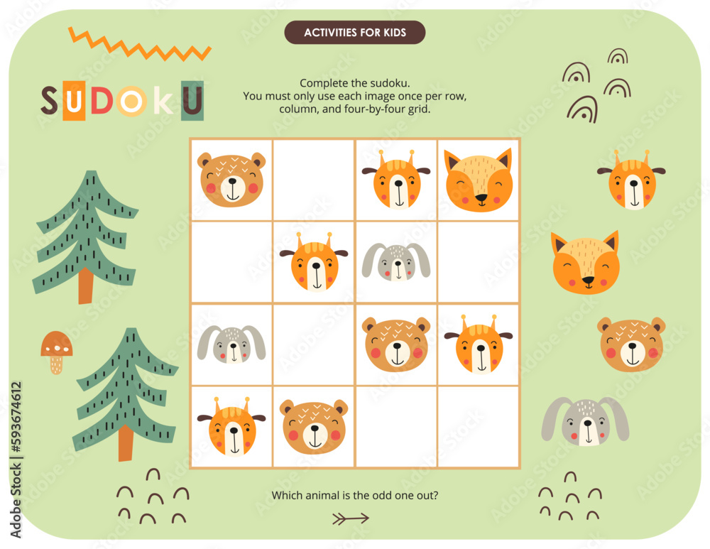 Cute Animals Puzzle game for children. Animals Sudoku. Vector ...