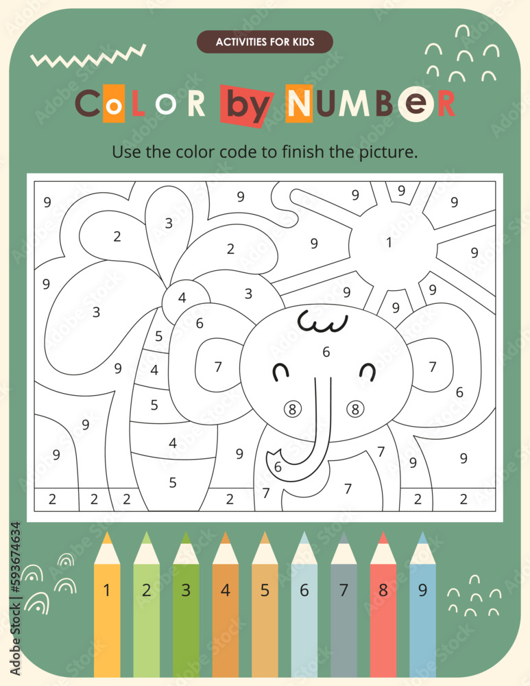 Cute Animals activities for kids. Color by numbers – Elephant and Palm ...
