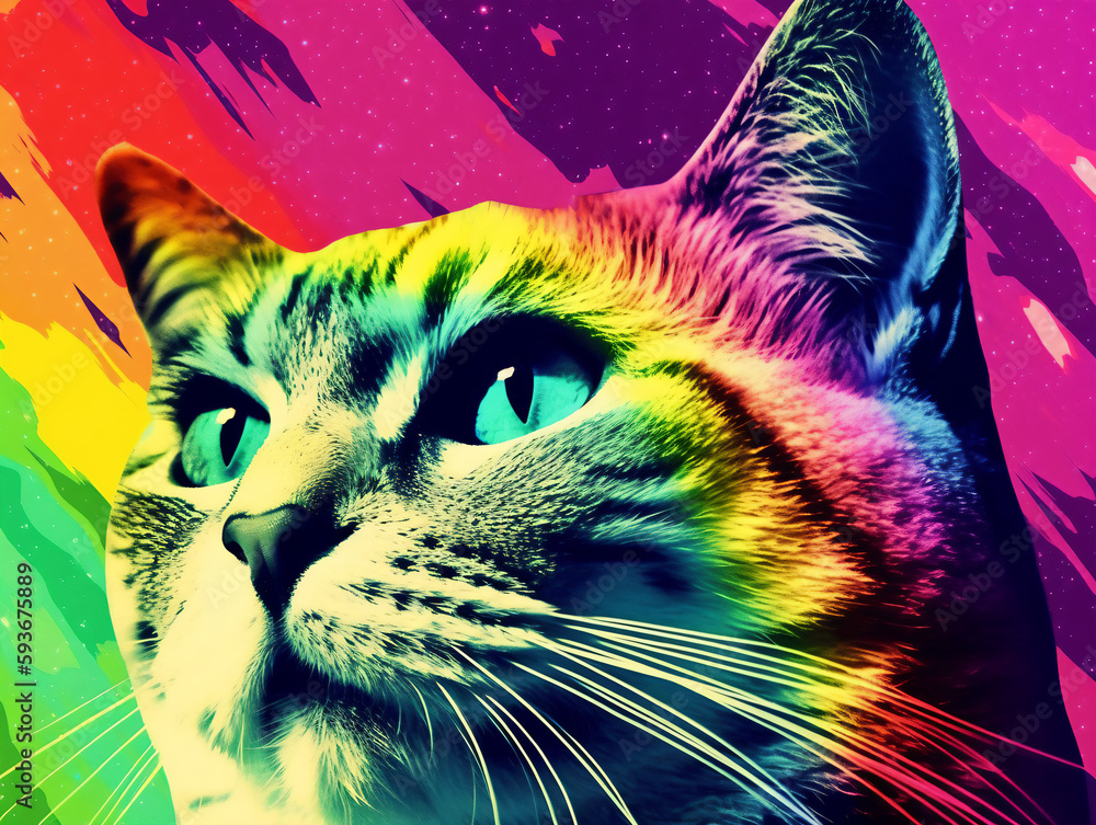 Close up of a tabby cat's face in a neon rainbow color palette ...