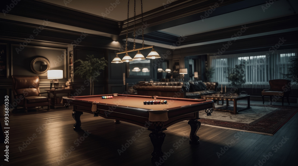 Interior of a luxury living room with billiard table. AI generated ...