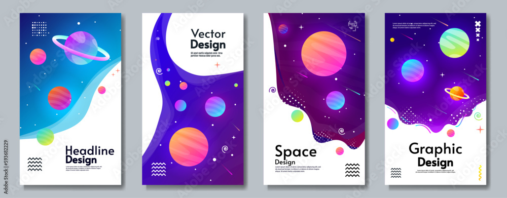 Set of space brochures. Template for invitation. Design for greeting ...