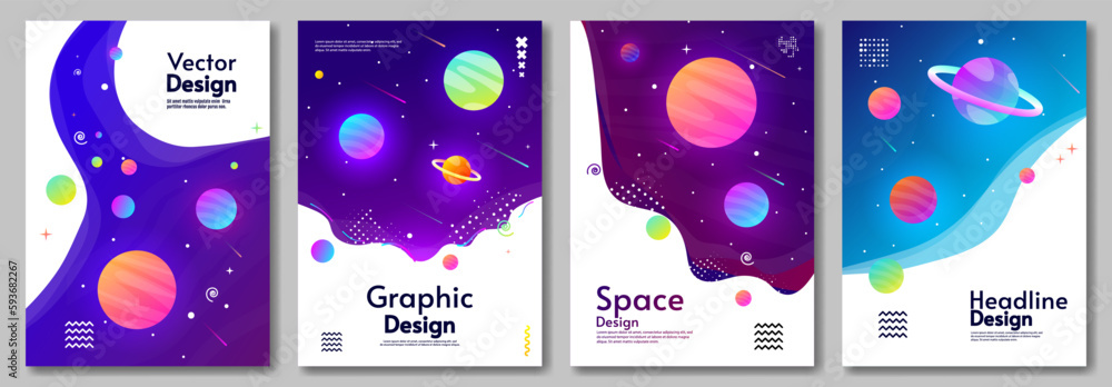 Set of space posters. Design for greeting brochures, invitation, flyer ...