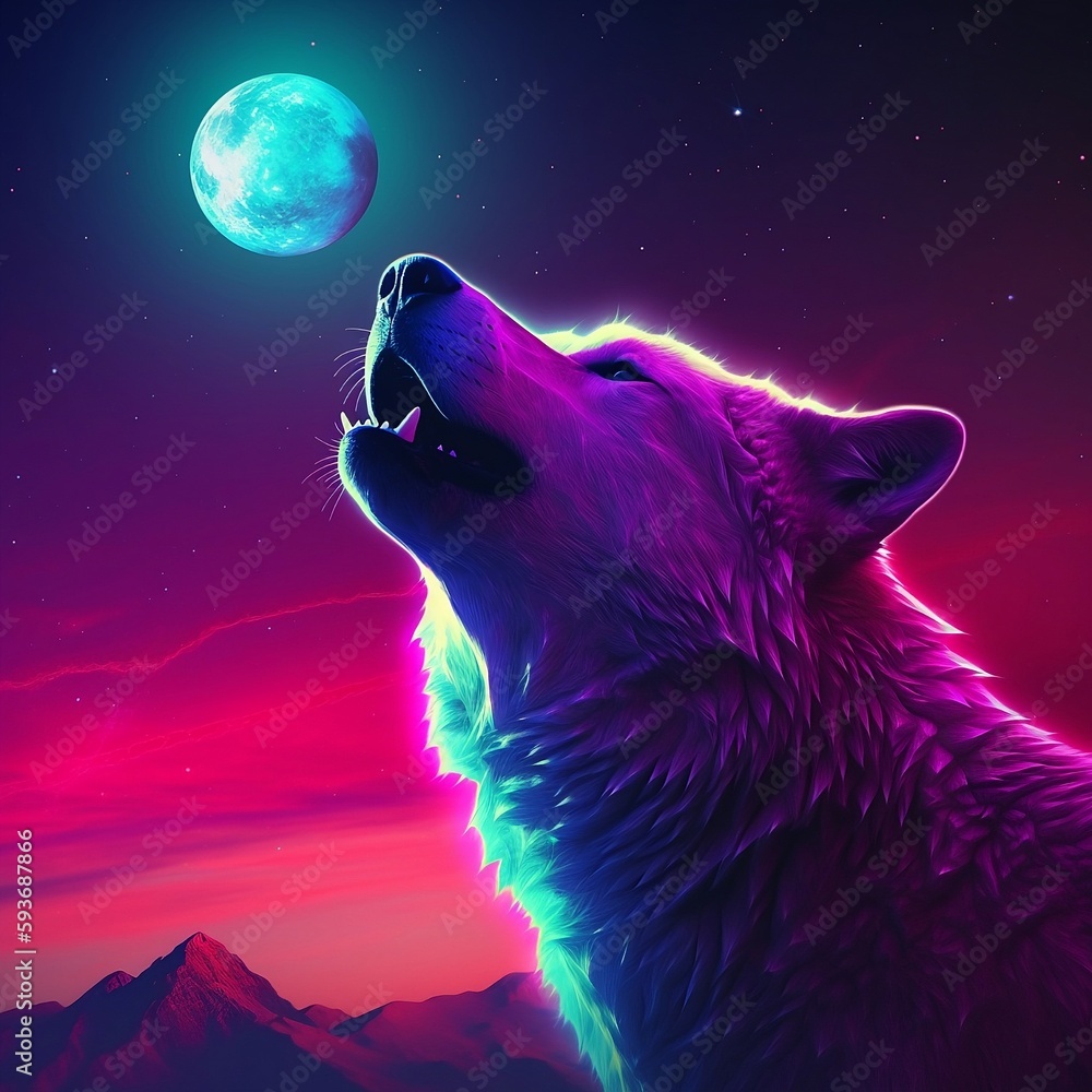 Wolf howling at the moon on a blue and purple night sky Stock ...