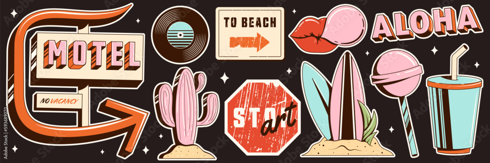 Summer vibes retro trendy sticker set. Vintage old elements. Motel ...