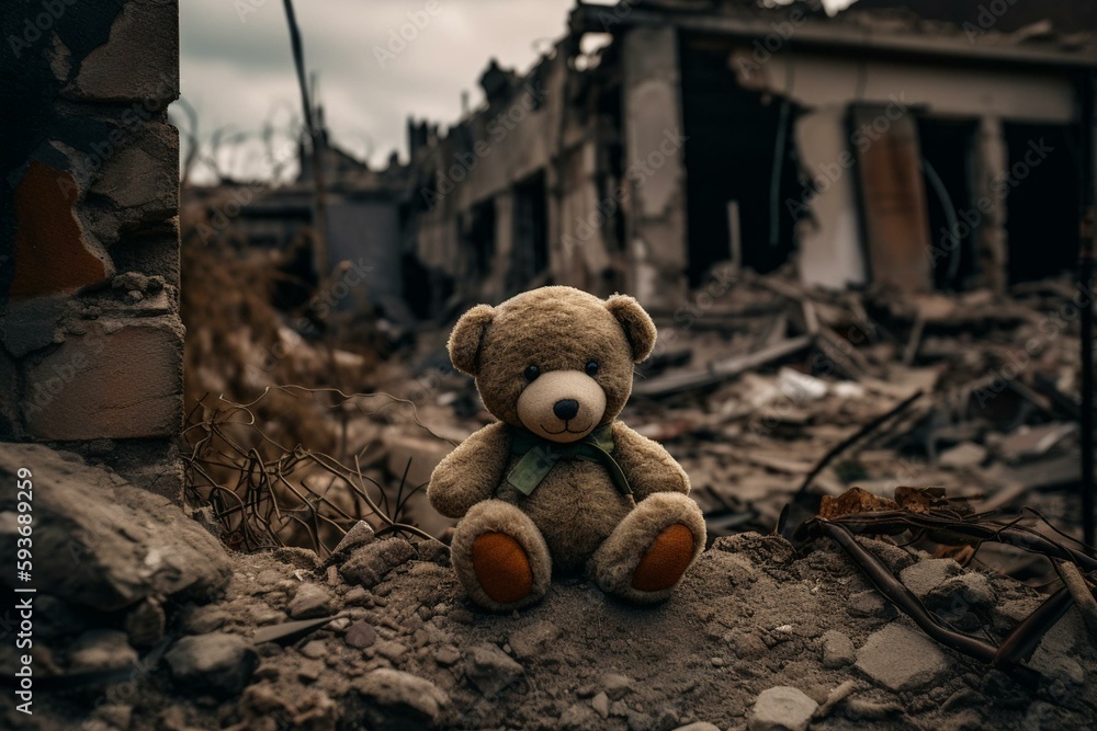 Alone Teddy bear on ruins of house after war bomb and accident rubble ...