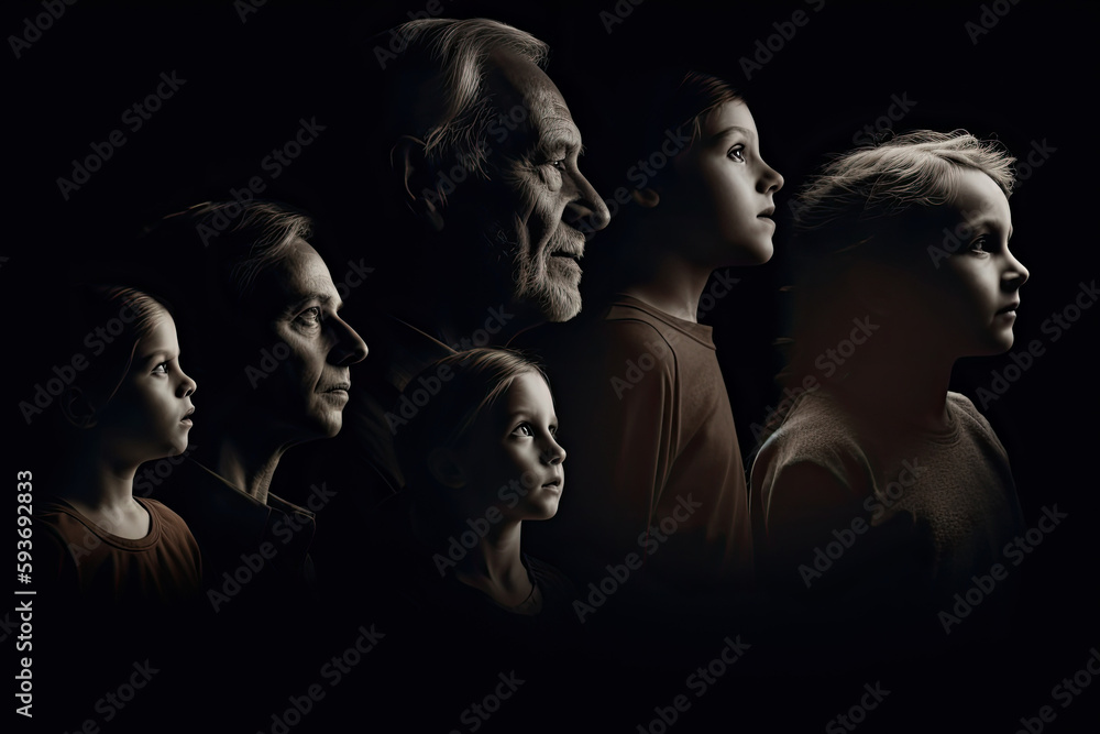 Different generations of family stand together against dark abstract ...