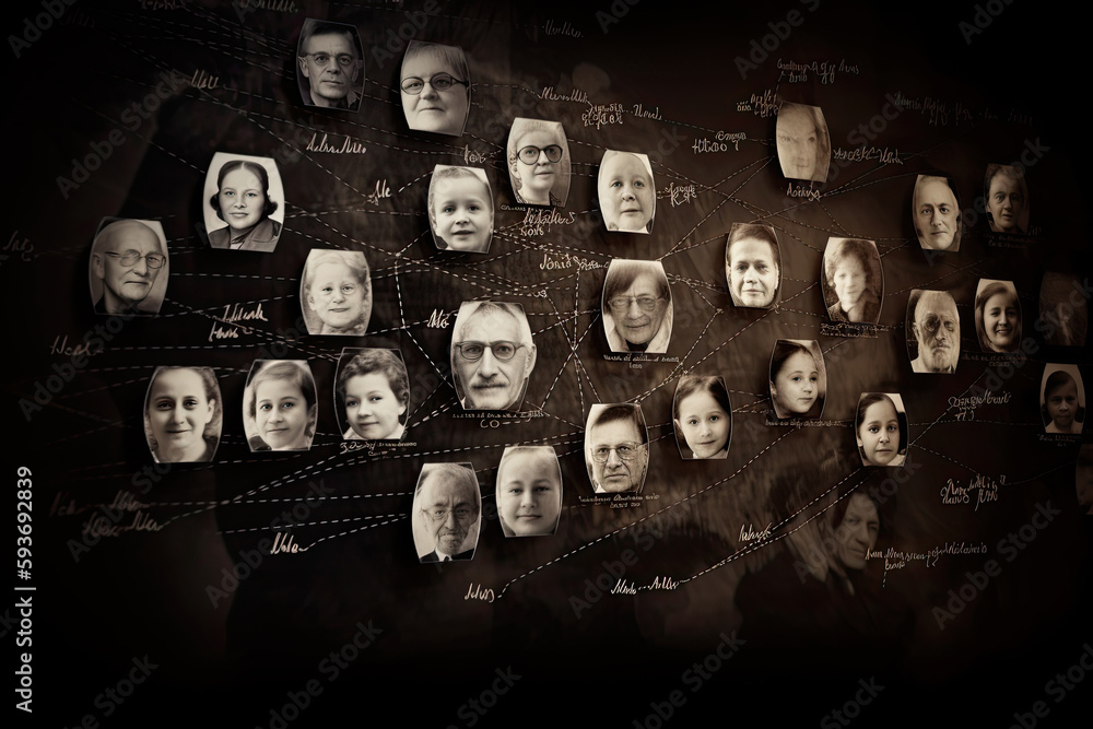 Family tree with portraits of relatives. Genealogical history of ...