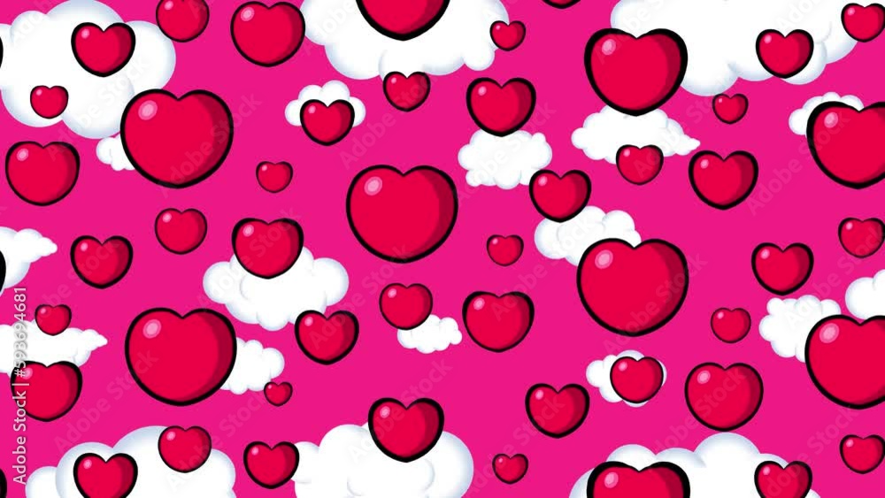 Beating hearts cartoon pink red wallpaper flying on clouds background ...