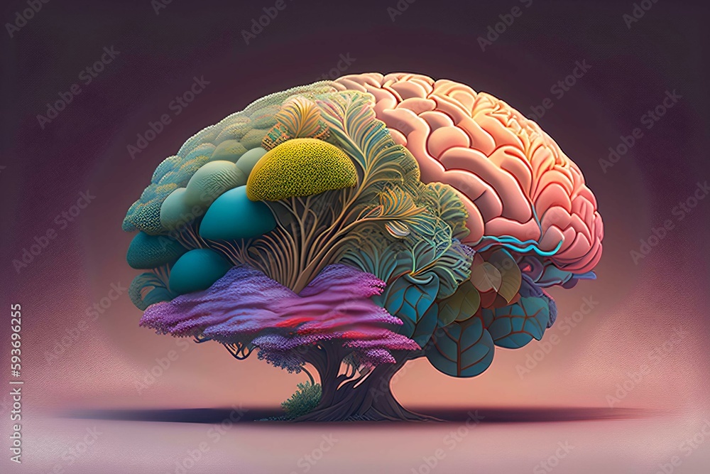 a drawing of a brain with flowers growing out of it, conceptual art ...