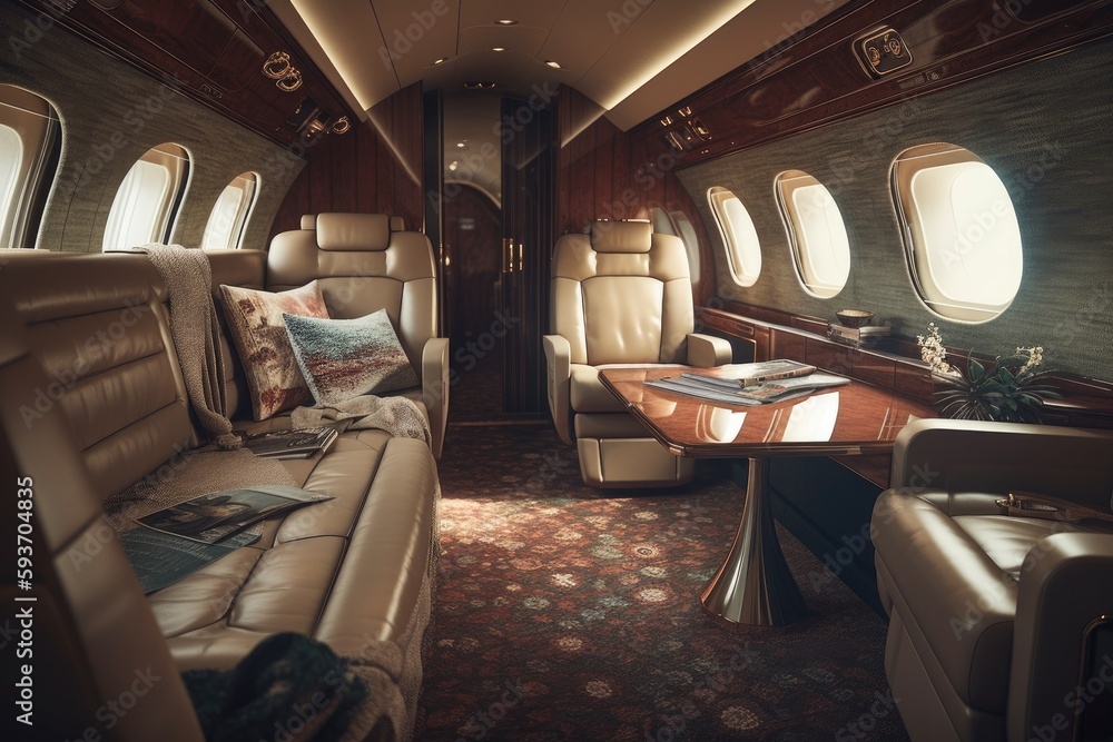 Airplane interior with lether seats and wood. Luxury style first-class ...