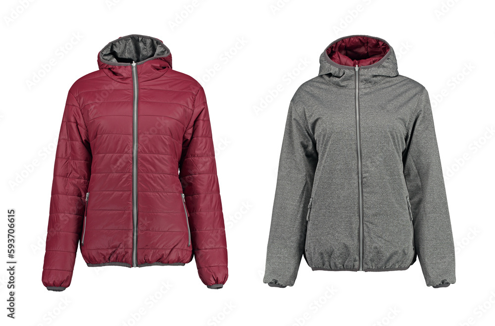 Red and gray warm quilted jacket. Reversible jacket. Bomber jacket on a ...