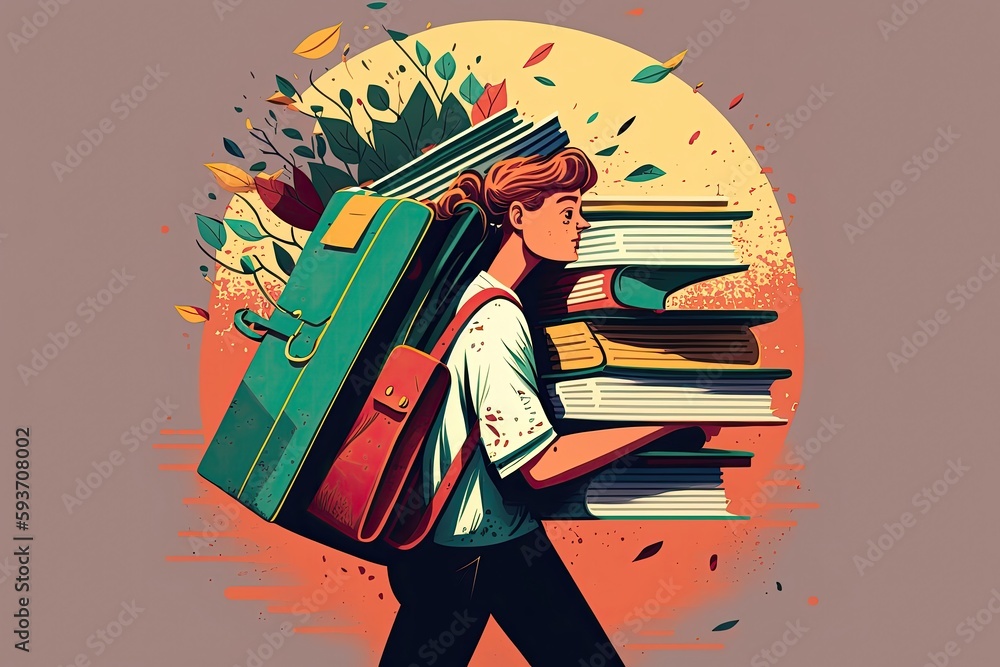 Illustration of a student caring heavy books on his back. Education ...