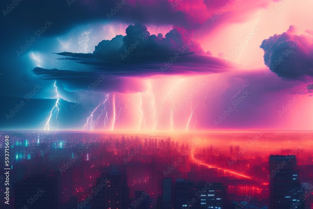 A thunderstorm of color over a city, pale colors, cinematic, ultra ...