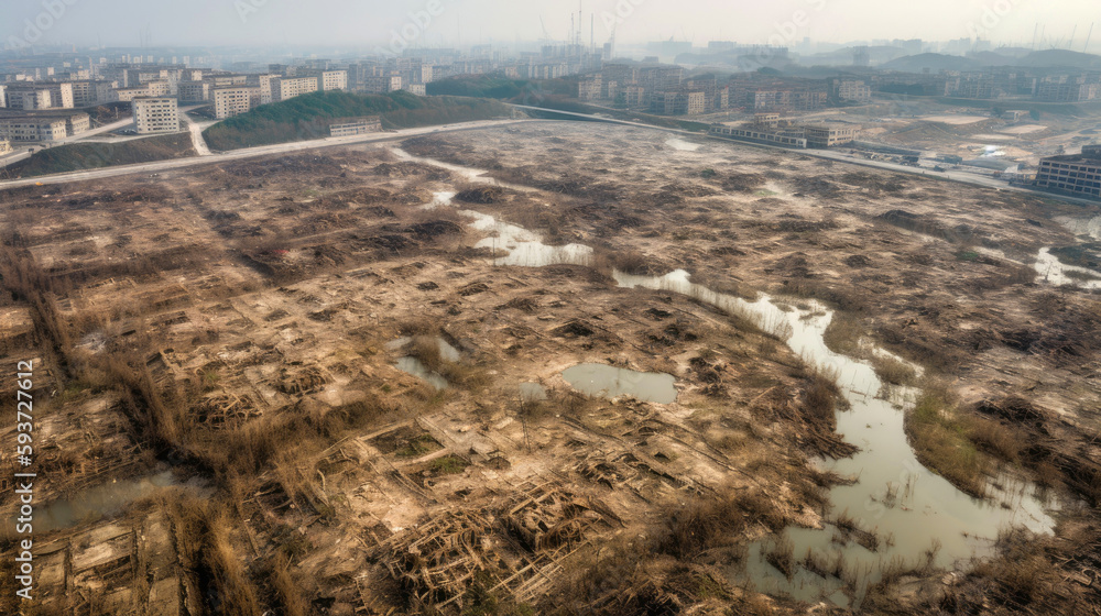Abandoned city. Aftermath of an ecological catastrophe, with nature ...