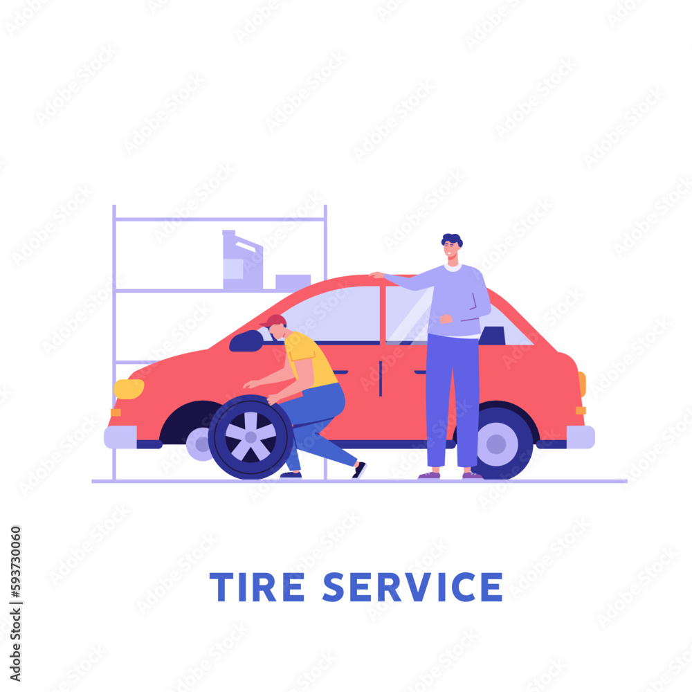 Tire service illustration. Professional mechanics change wheels and ...