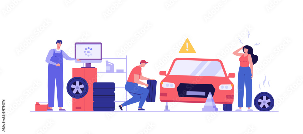 Tire service illustration. Professional mechanics change wheels and ...