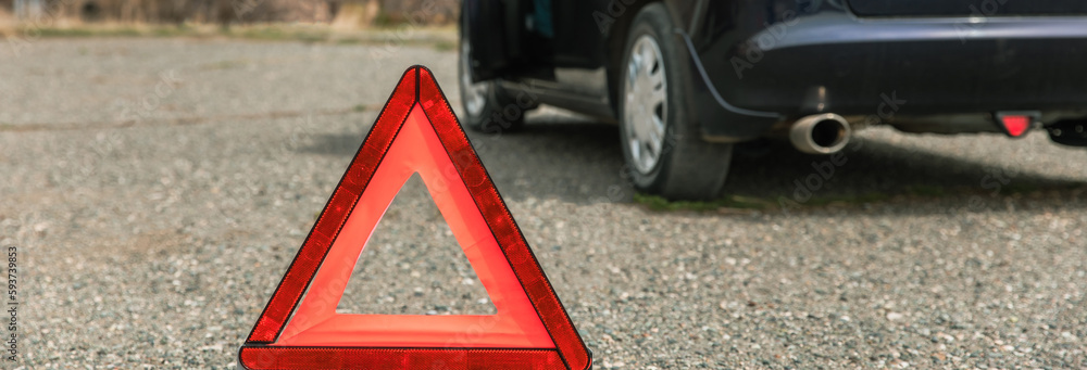 Red emergency stop sign and broken car Stock Photo | Adobe Stock