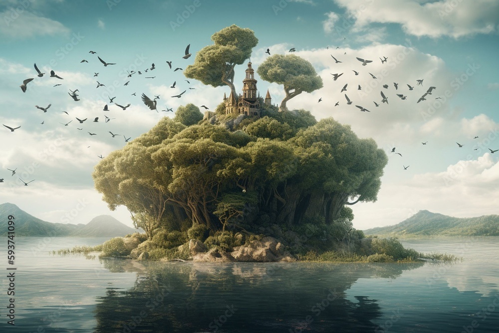 a tree is growing on top of a floating island with animals in it and ...