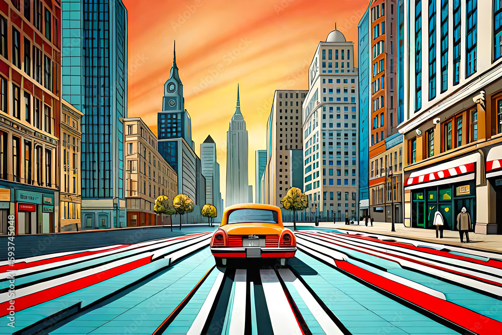 Colorful retro urban city, contemporary cartoon cityscape art ...
