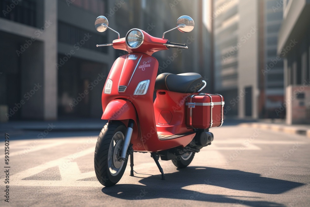 Courier red scooter. Red scooter with courier box. Place for parcel on ...