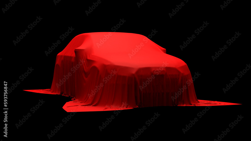 Car under a red cloth. Silk drapery on a new car. Concept transport ...