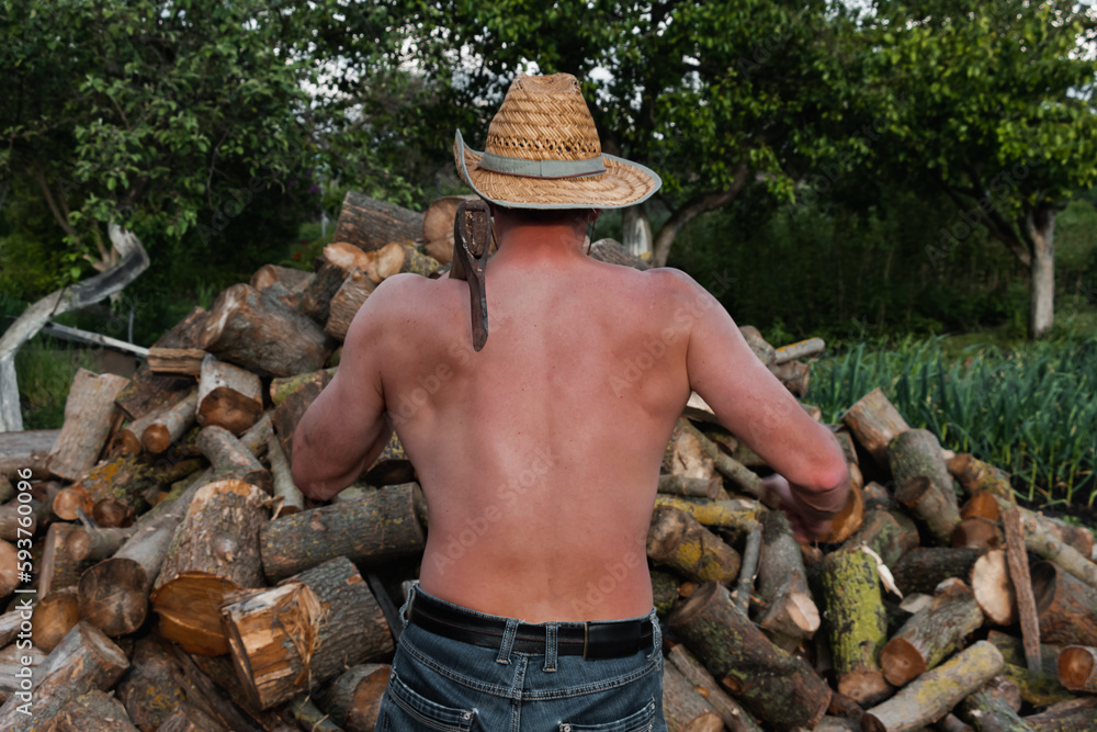 Axe and the bronze back of lumberjack cowboy. Harvesting firewood in ...