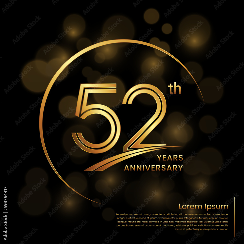 52th Anniversary logo design with double line numbers. Golden ...
