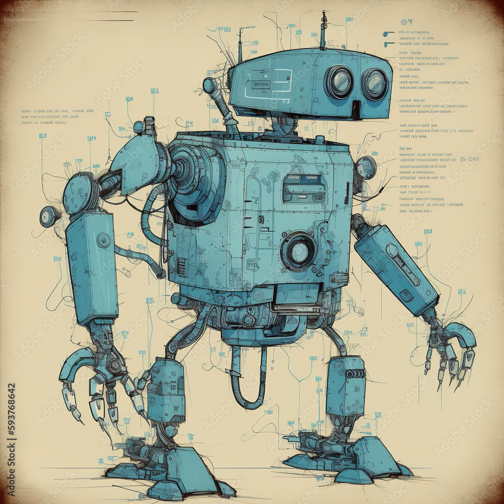 blueprint for a light blue robot / android, mechanism, inspired by ...