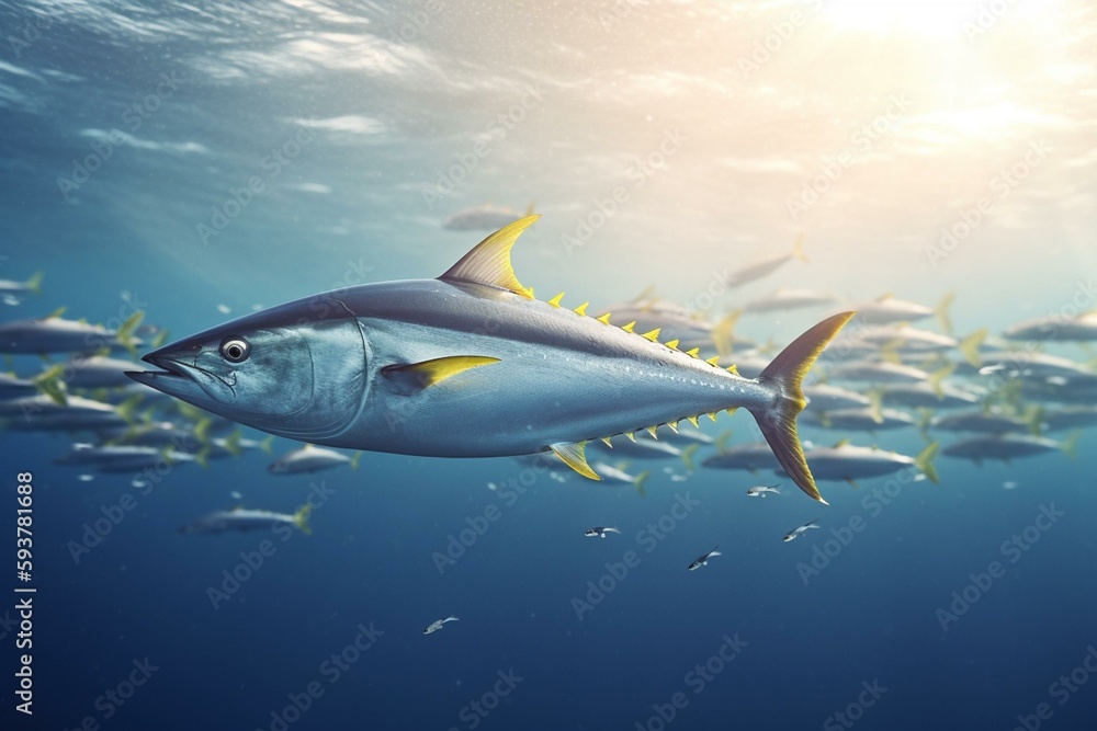 Flying fishes running away from yellow tail tuna fish 3d Render ...