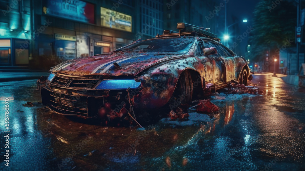 Wrecked car in the middle of the road as part of a car collision crime ...