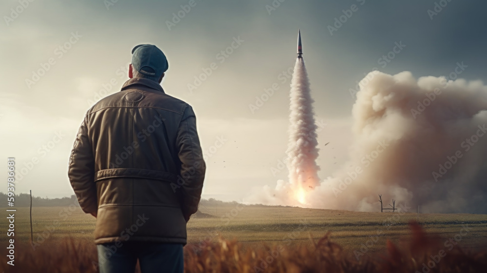 Man wishes good luck to astronauts flying into space, waves his hand to ...