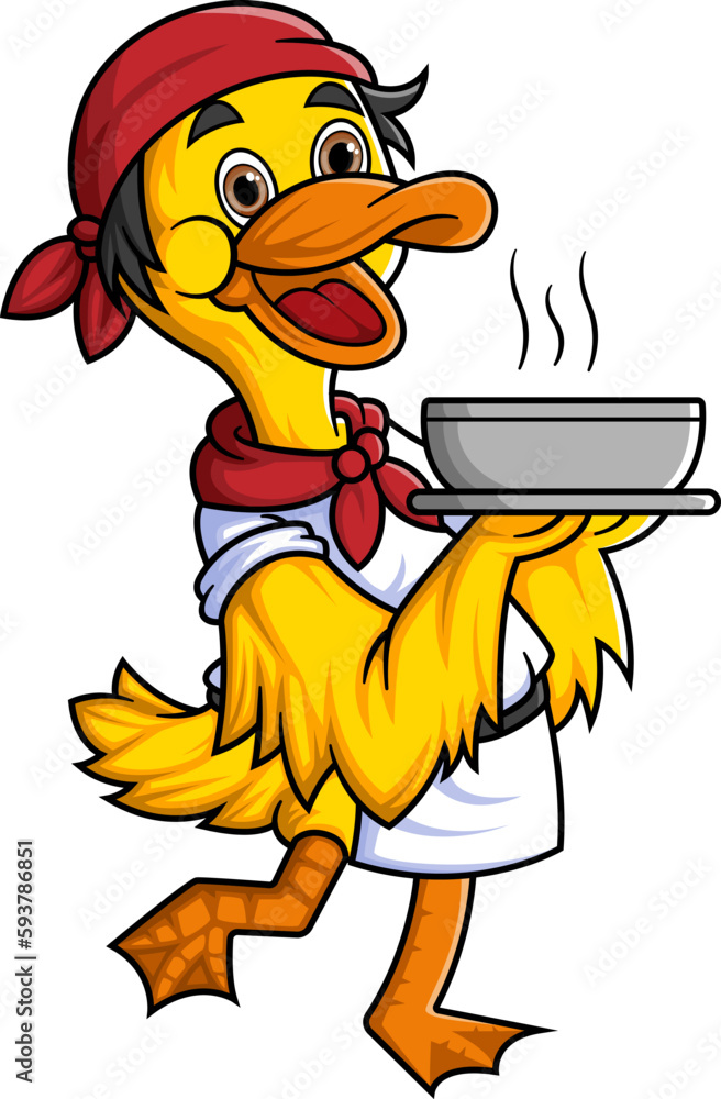 cute duck cartoon character is a professional chef and carries a big ...