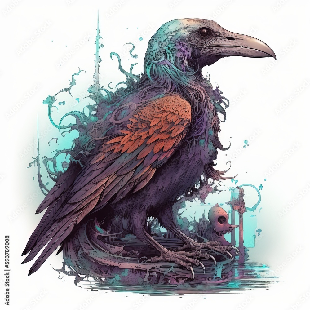 Scary Dead Raven Artistic Illustartion. Crow and Scull colorful ...