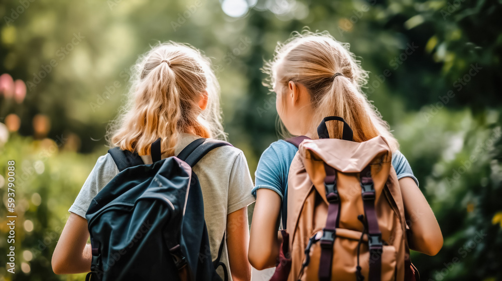 Two girls with backpacks go to school. Pupils of primary school. Girls ...