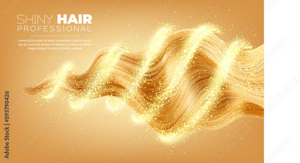 Woman hair protect shampoo, blond fair hair strand wave with magic glow ...