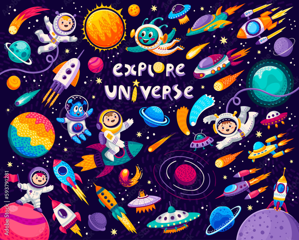 Cartoon kids space and galaxy, astronauts, planets and rockets. Vector ...
